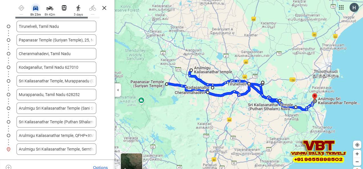 Nava Kailasam Temples Route Map and Distance Guide - VBT
